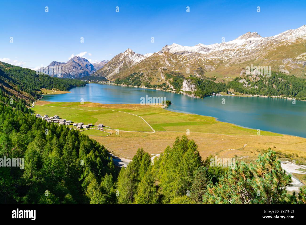 Engadine, Switzerland, Lake Sils Maria, the village of Isola ...