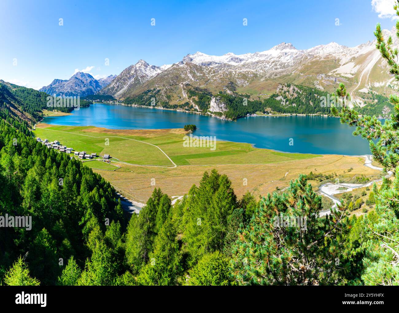 Engadine, Switzerland, Lake Sils Maria, the village of Isola ...