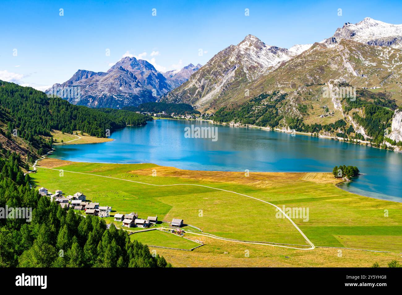 Engadine, Switzerland, Lake Sils Maria, the village of Isola ...