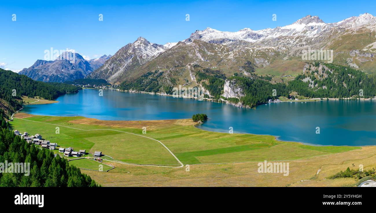 Engadine, Switzerland, Lake Sils Maria, the village of Isola ...