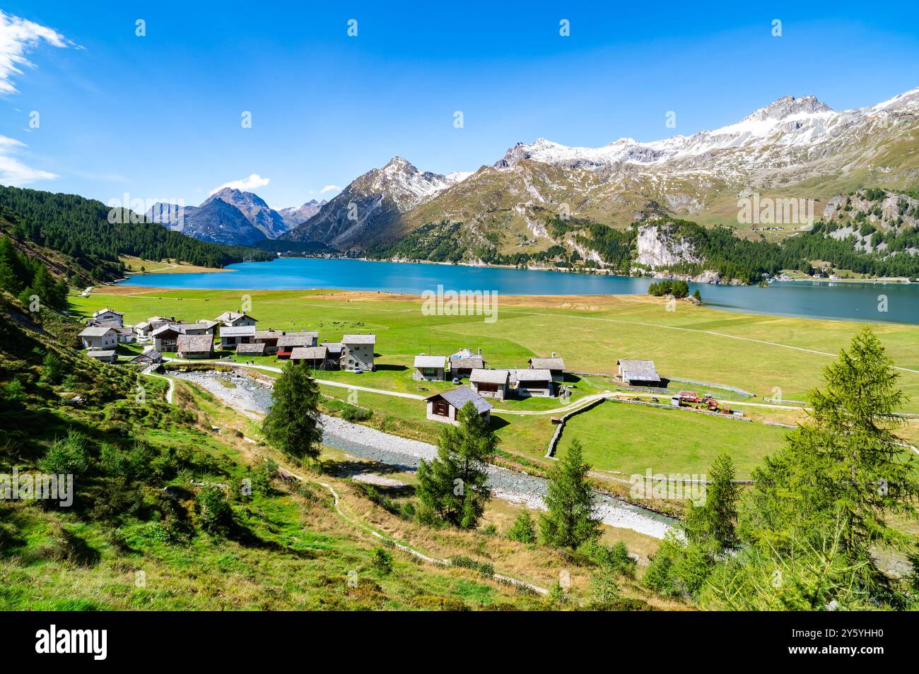 Engadine, Switzerland, Lake Sils Maria, the village of Isola ...