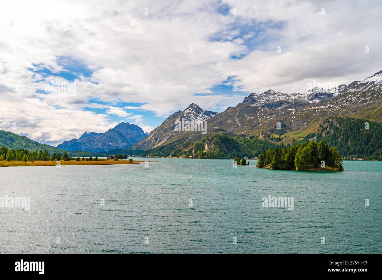 Engadine, Switzerland, Lake Sils Maria, the village of Isola ...
