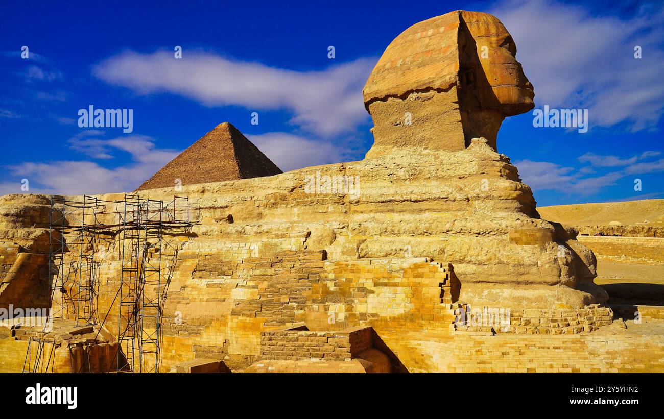 A grand view of the Great Sphinx of Giza with scaffolding for ...