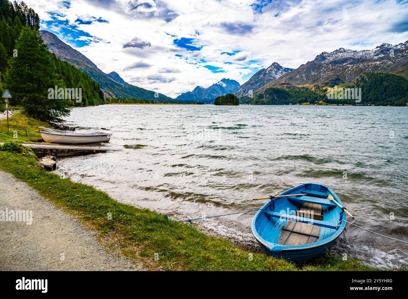 Engadine, Switzerland, Lake Sils Maria, the village of Isola ...