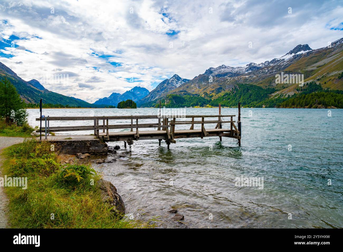Engadine, Switzerland, Lake Sils Maria, the village of Isola ...