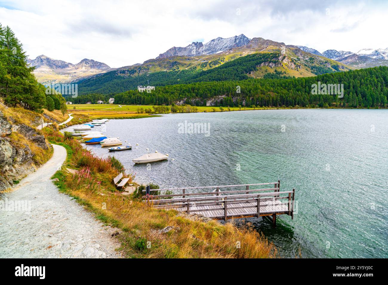 Engadine, Switzerland, Lake Sils Maria, the village of Isola ...