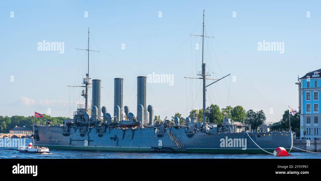 Saint-Petersburg, Russia - June 16, 2024: protected cruiser Aurora ...