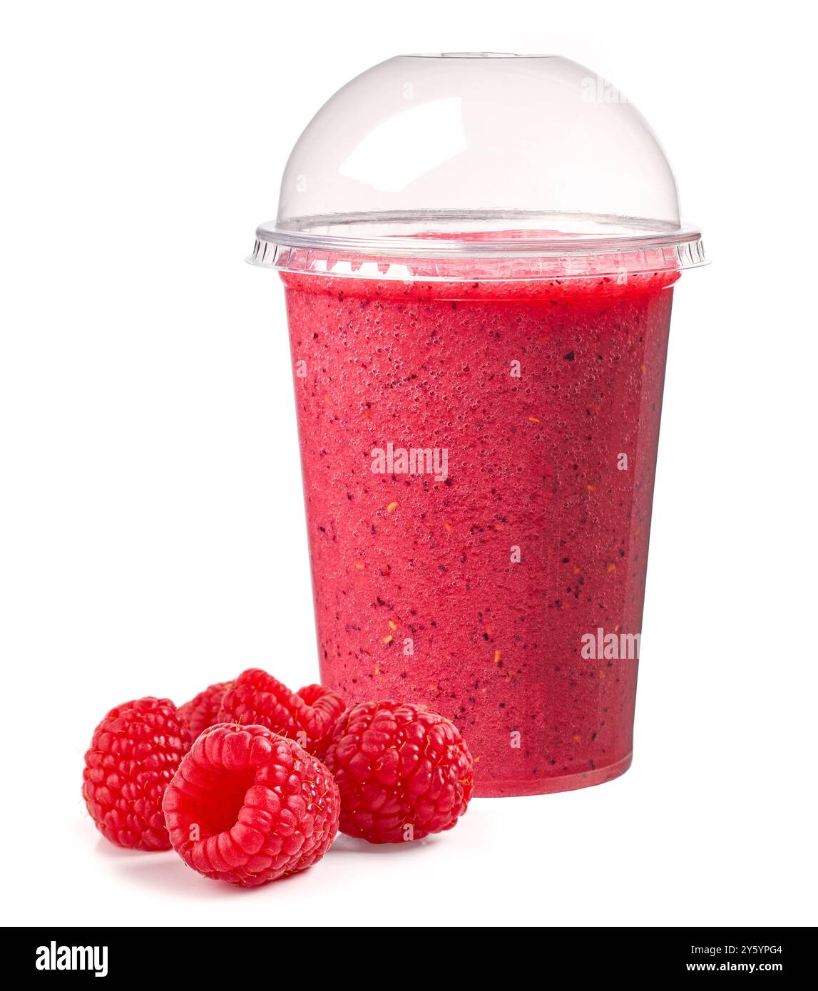 glass of banana and raspberry smoothie isolated on white background ...