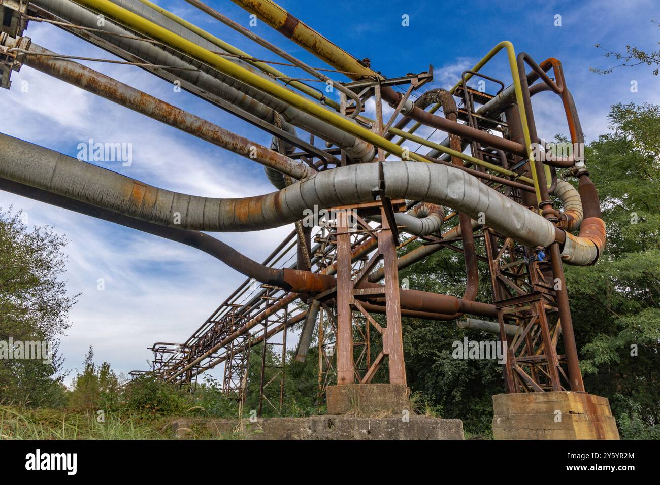 Old rusty pipeline, heating installation, water flow through old pipes ...