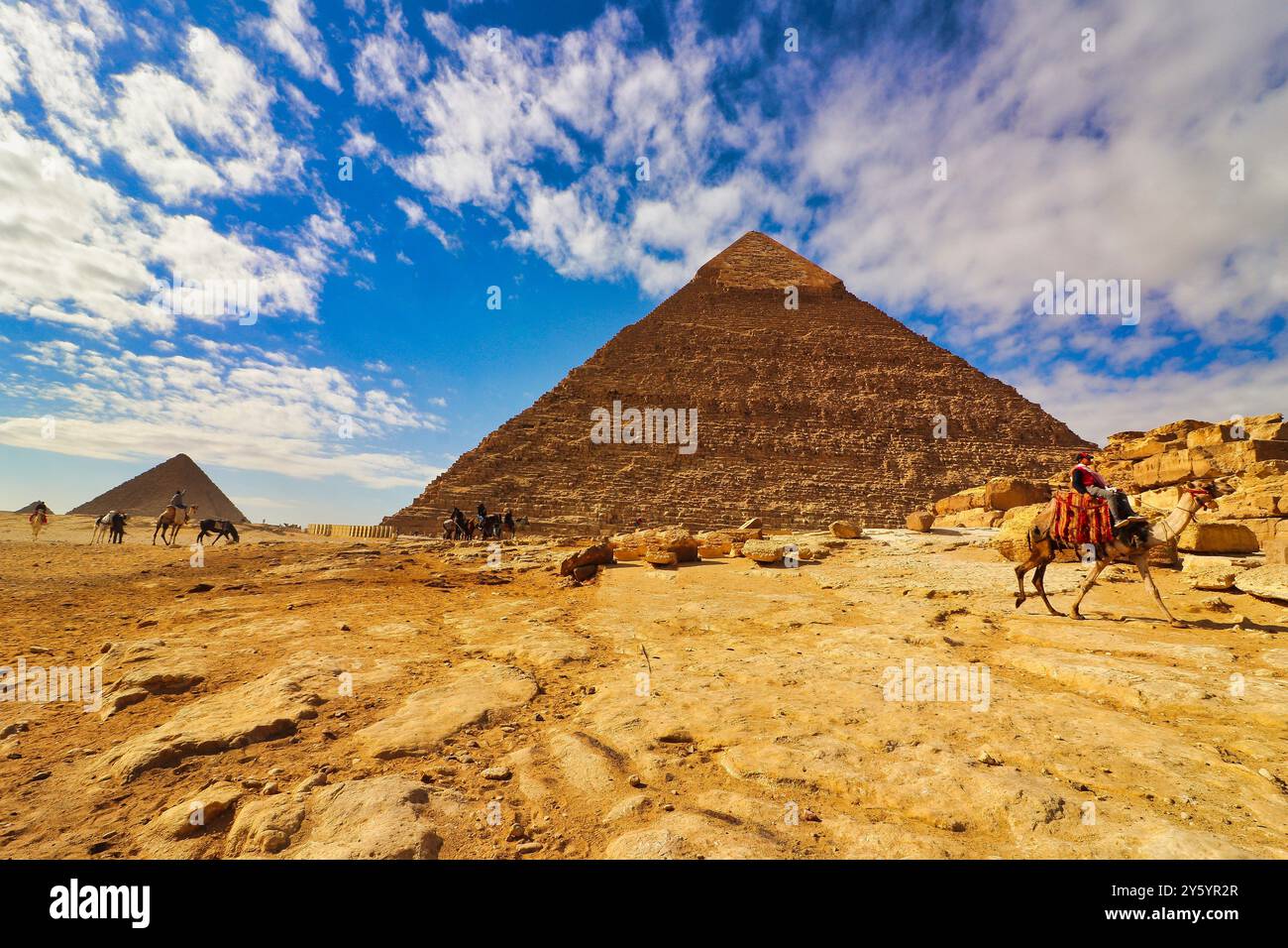 Spectacular wide angle view of the Great Pyramid of Khafre and Menkaure ...