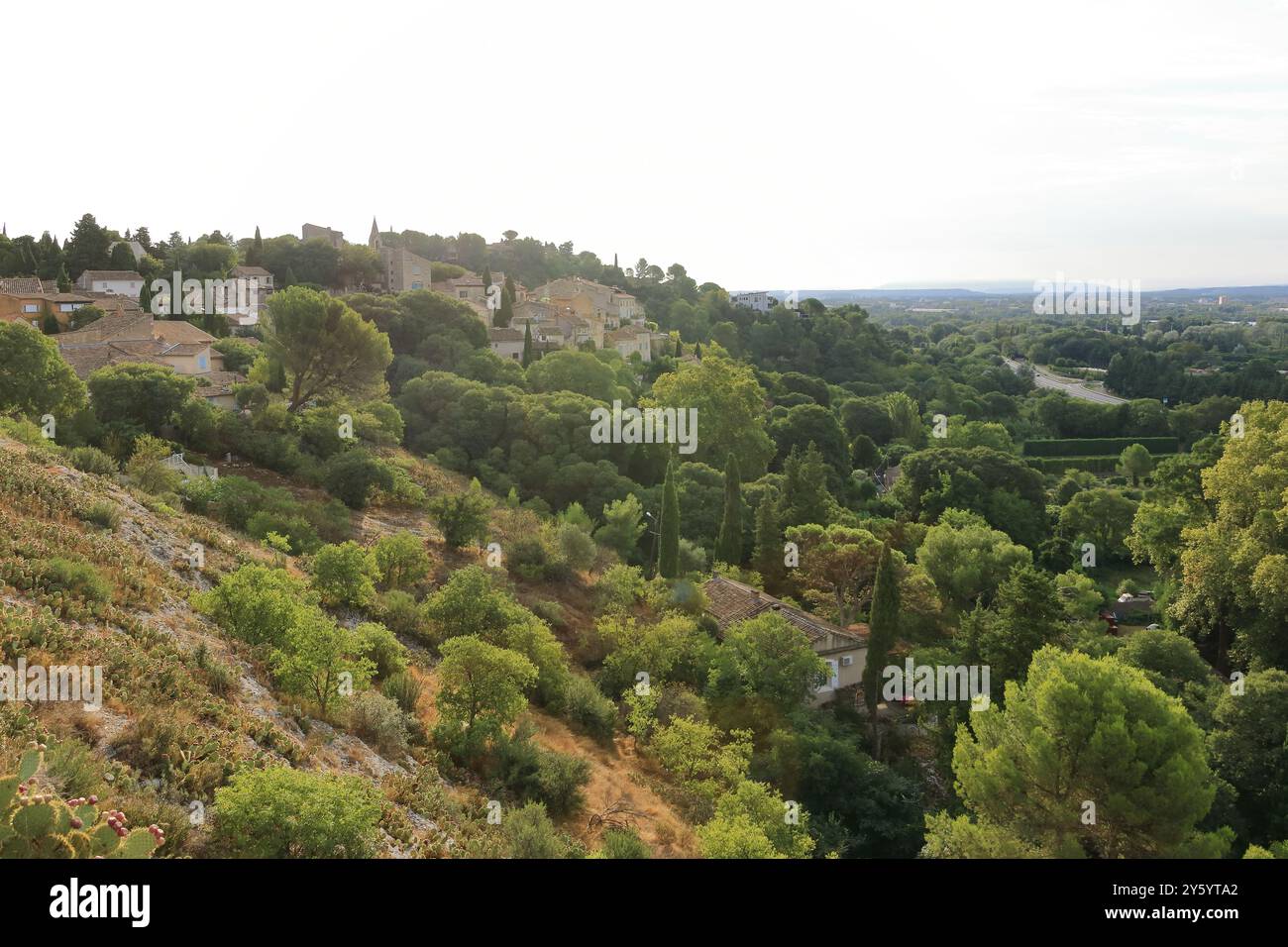 the view to the hilltop village Les Angles near Avigon, Provence ...