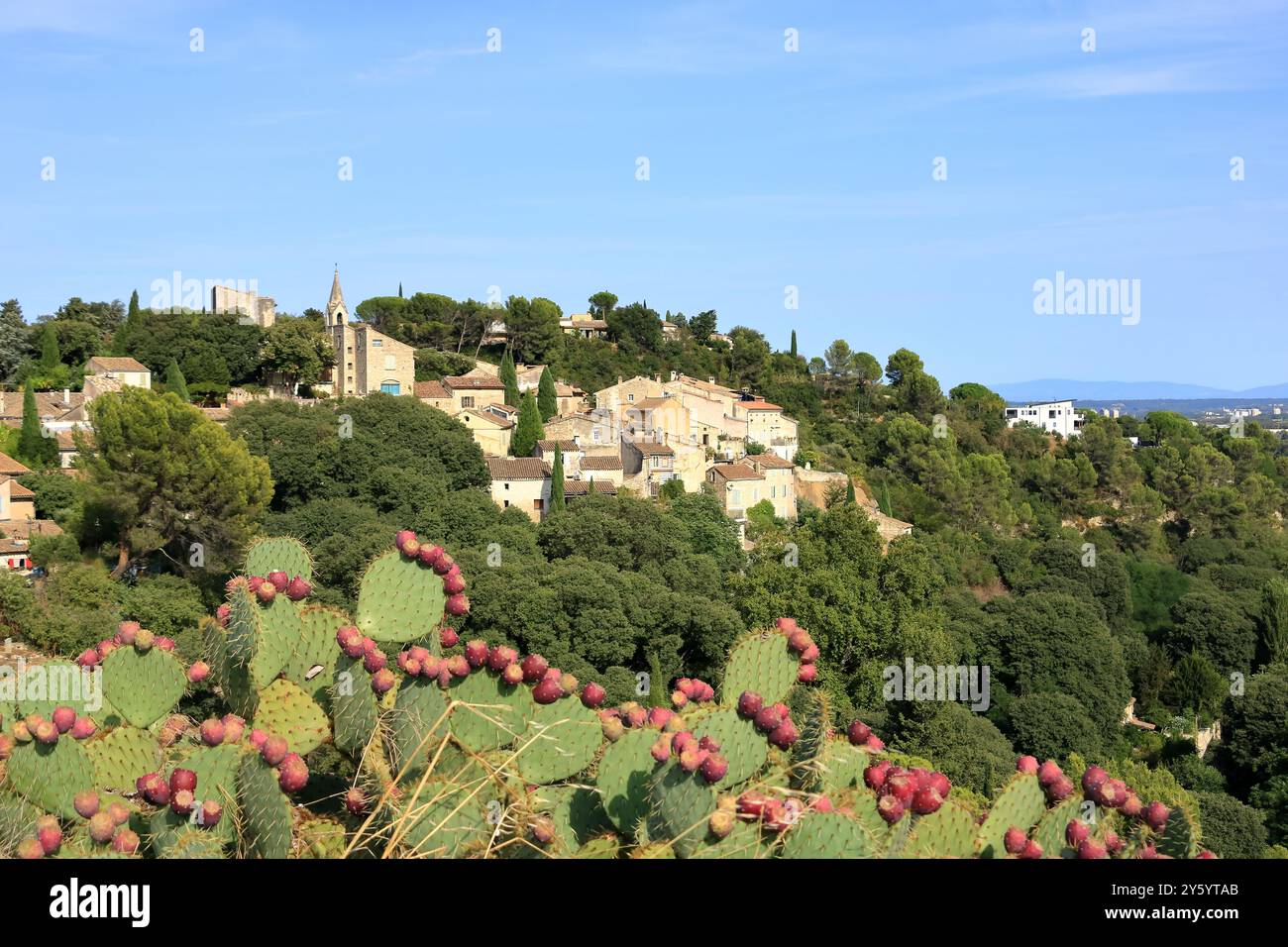 the view to the hilltop village Les Angles near Avigon, Provence ...