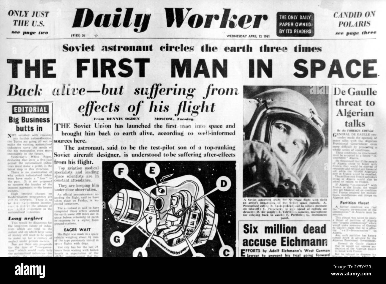 12 APRIL 1961 THE DAILY WORKER HEADLINES 'THE FIRST MAN IN SPACE' WHICH ...
