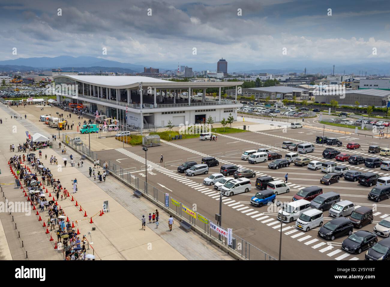Summer aerial view of the Port Cruise Terminal Building, Kanazawa ...