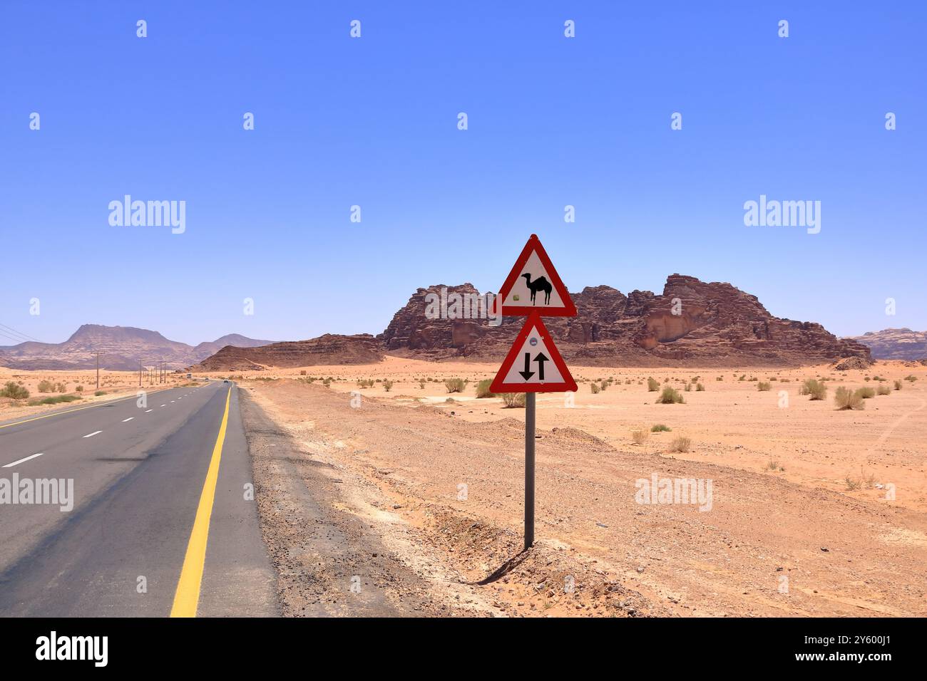 Funny road sign warning crossing camels in the Wadi Rum desert, Jordan ...