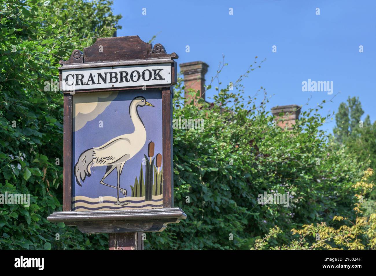 Cranbrook, Kent, UK. Village sign (town name derived from 'crane marsh ...