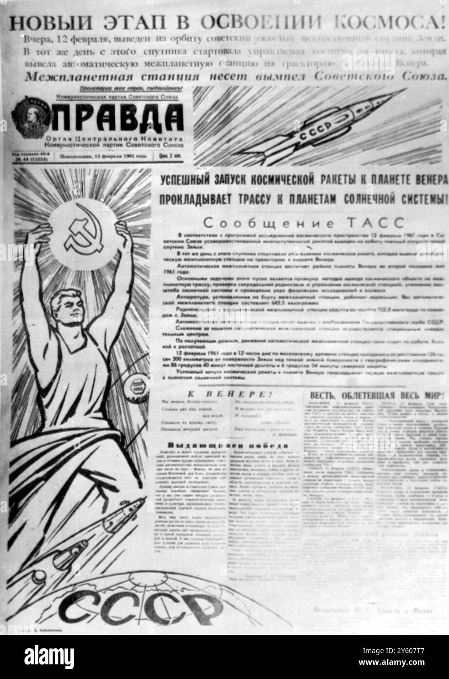 FRONT PAGE OF THE RUSSIAN NEWSPAPER PRAVDA 13 FEBRUARY 1961 Stock Photo ...