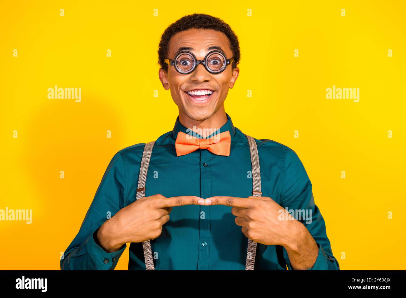 Photo of funky guy touch fingers together feel excited look isolated ...