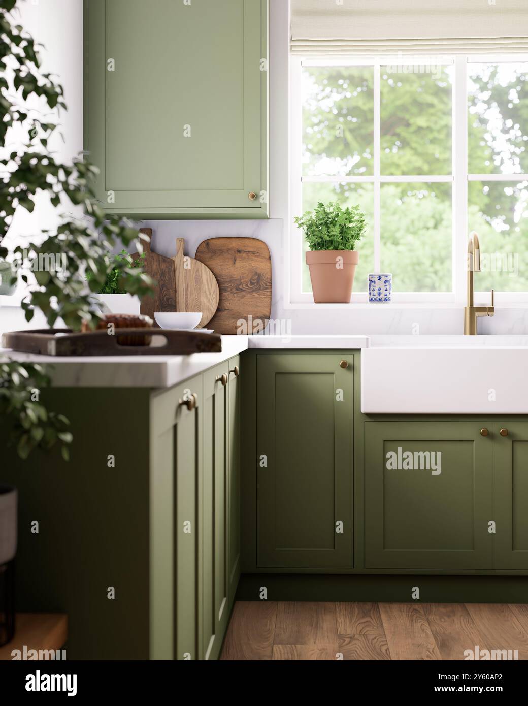 A modern bright country-style kitchen with a wooden floor and a large ...