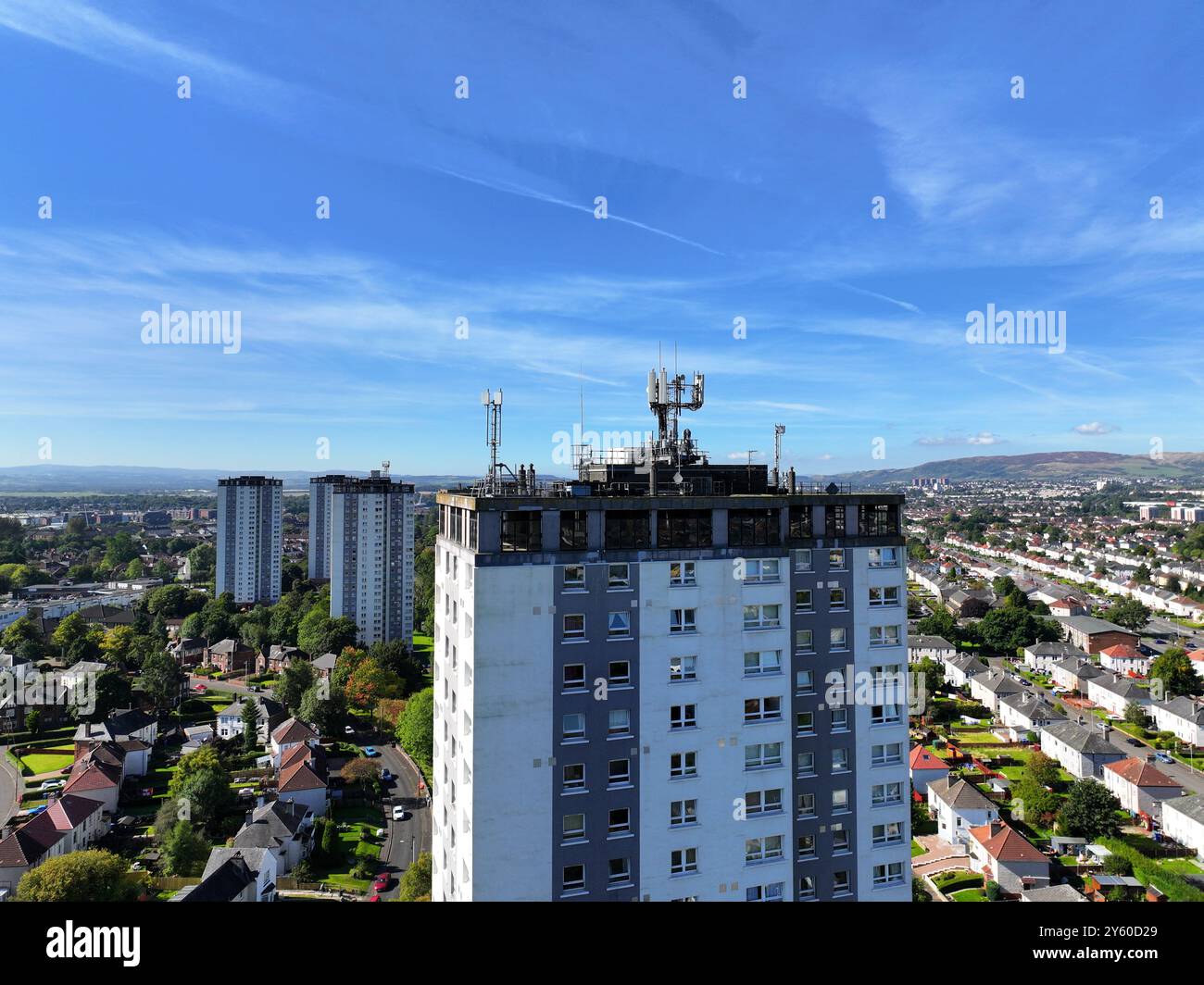Aerial drone view of high rise tower blocks Knightswood Glasgow Stock ...
