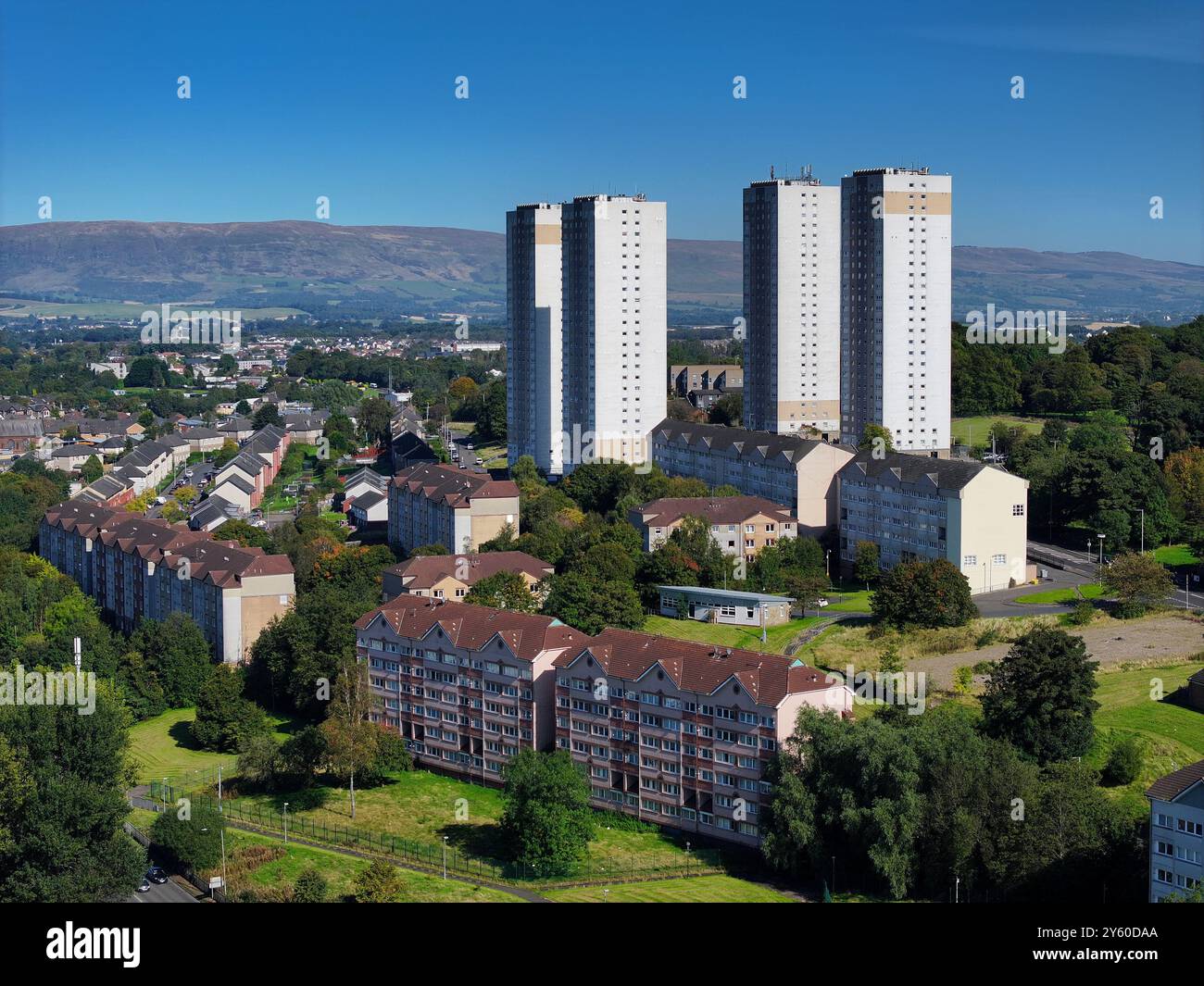 Aerial drone view of high rise social housing in Springburn Glasgow ...