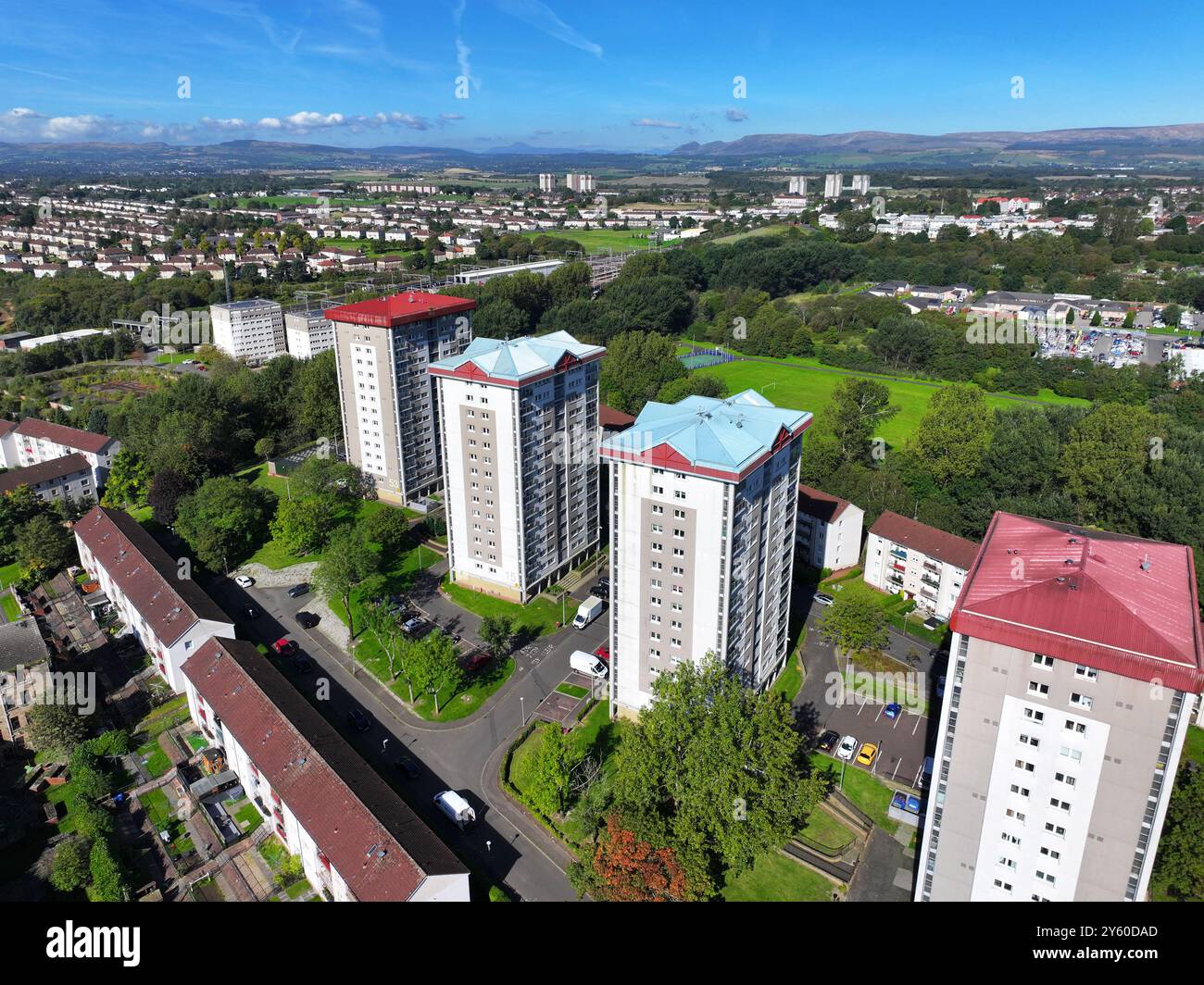 Aerial drone view of high rise social housing in Springburn Glasgow ...