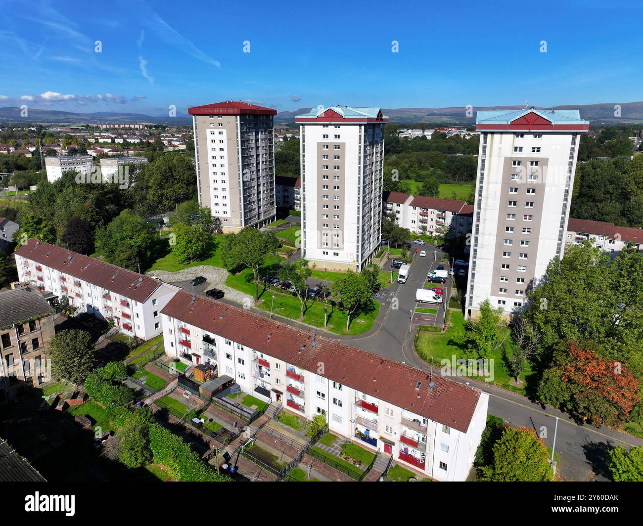 Aerial drone view of high rise social housing in Springburn Glasgow ...