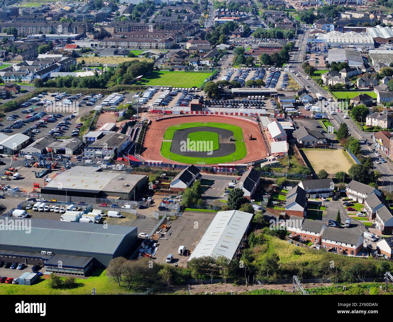 Aerial Drone view of Glasgow Tigers Speedway stadium Hawthorn street ...
