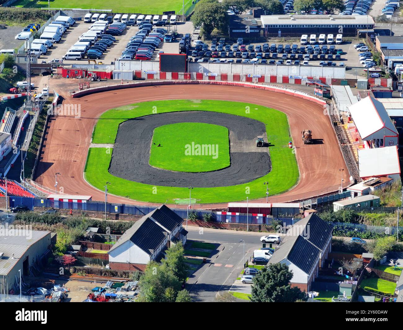 Aerial Drone view of Glasgow Tigers Speedway stadium Hawthorn street ...