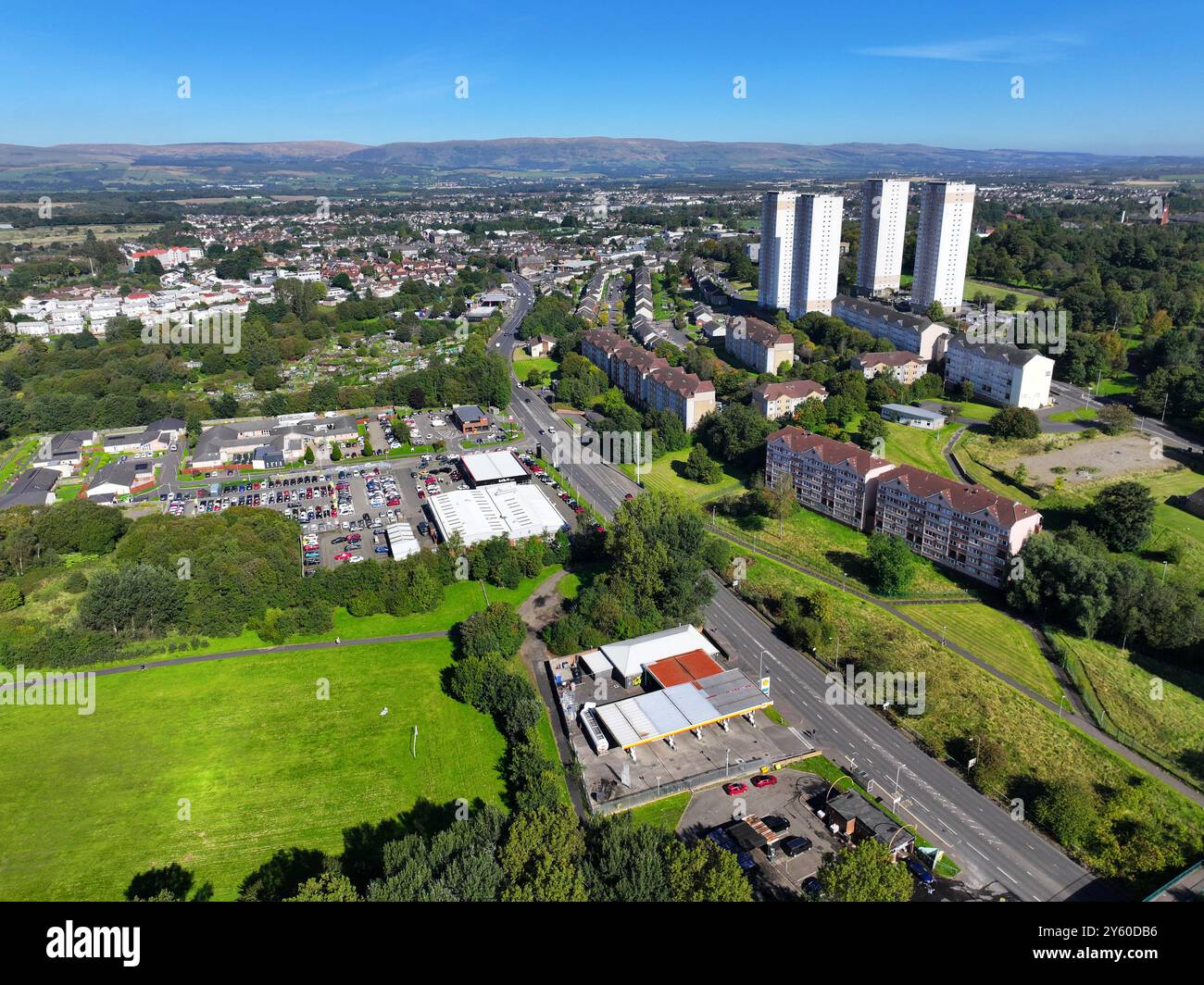 Aerial drone view of high rise social housing in Springburn Glasgow ...