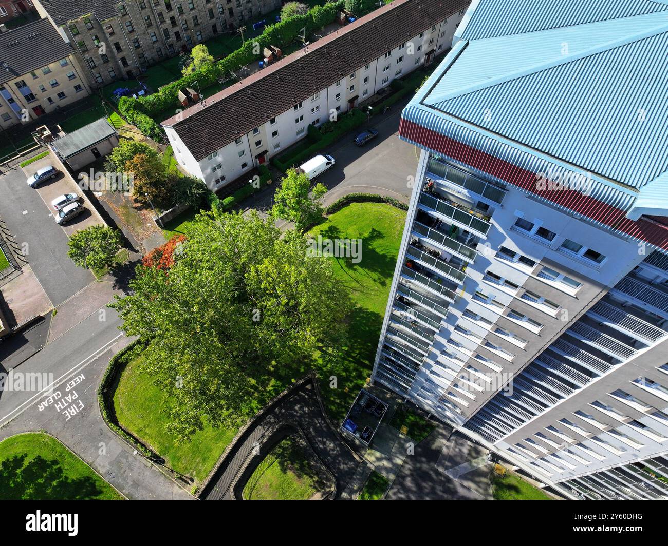 Aerial drone view of high rise social housing in Springburn Glasgow ...