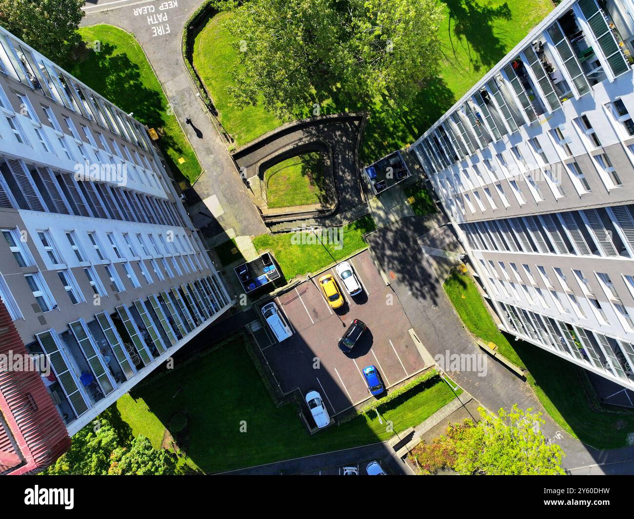 Aerial drone view of high rise social housing in Springburn Glasgow ...