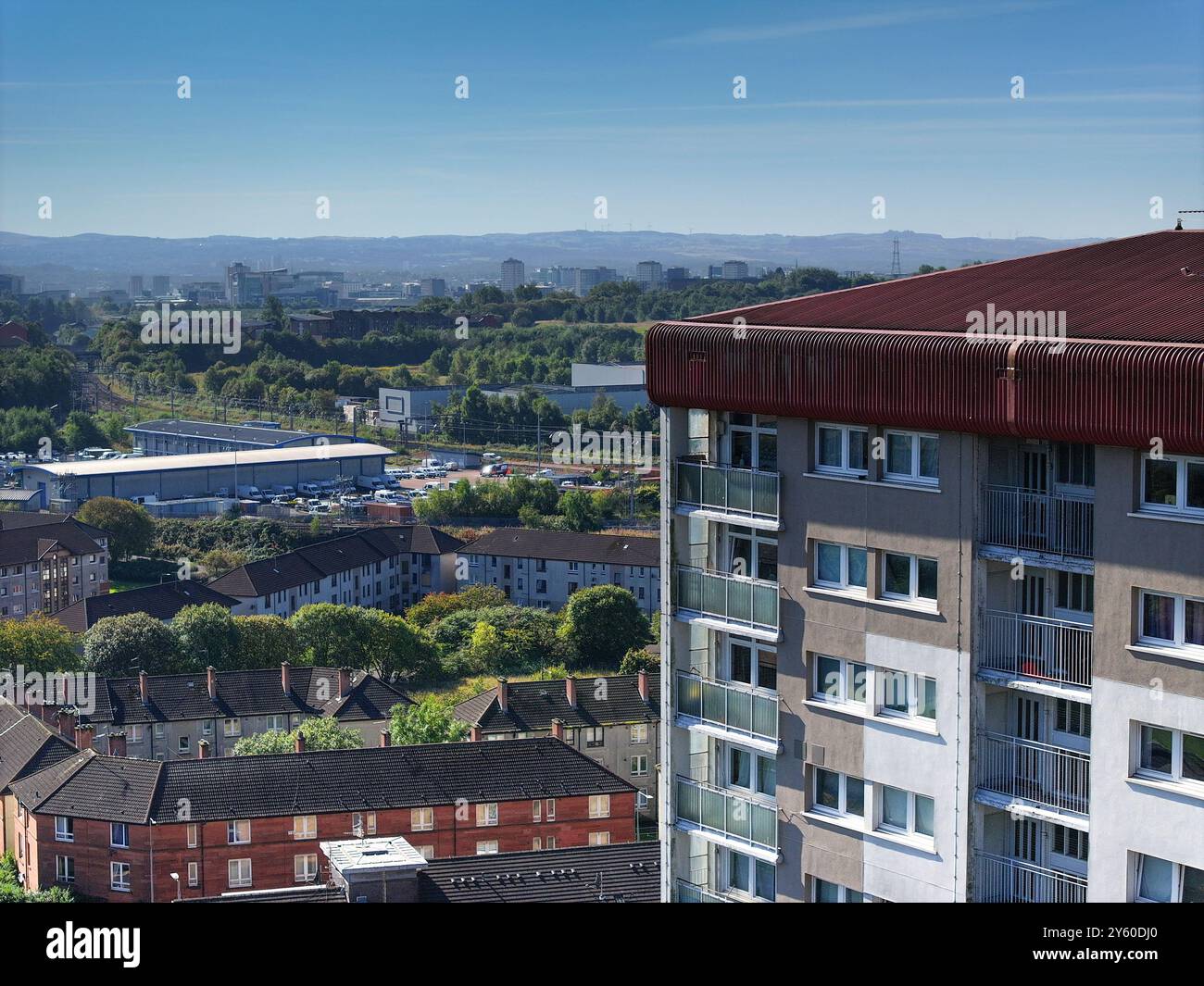 Aerial drone view of high rise social housing in Springburn Glasgow ...
