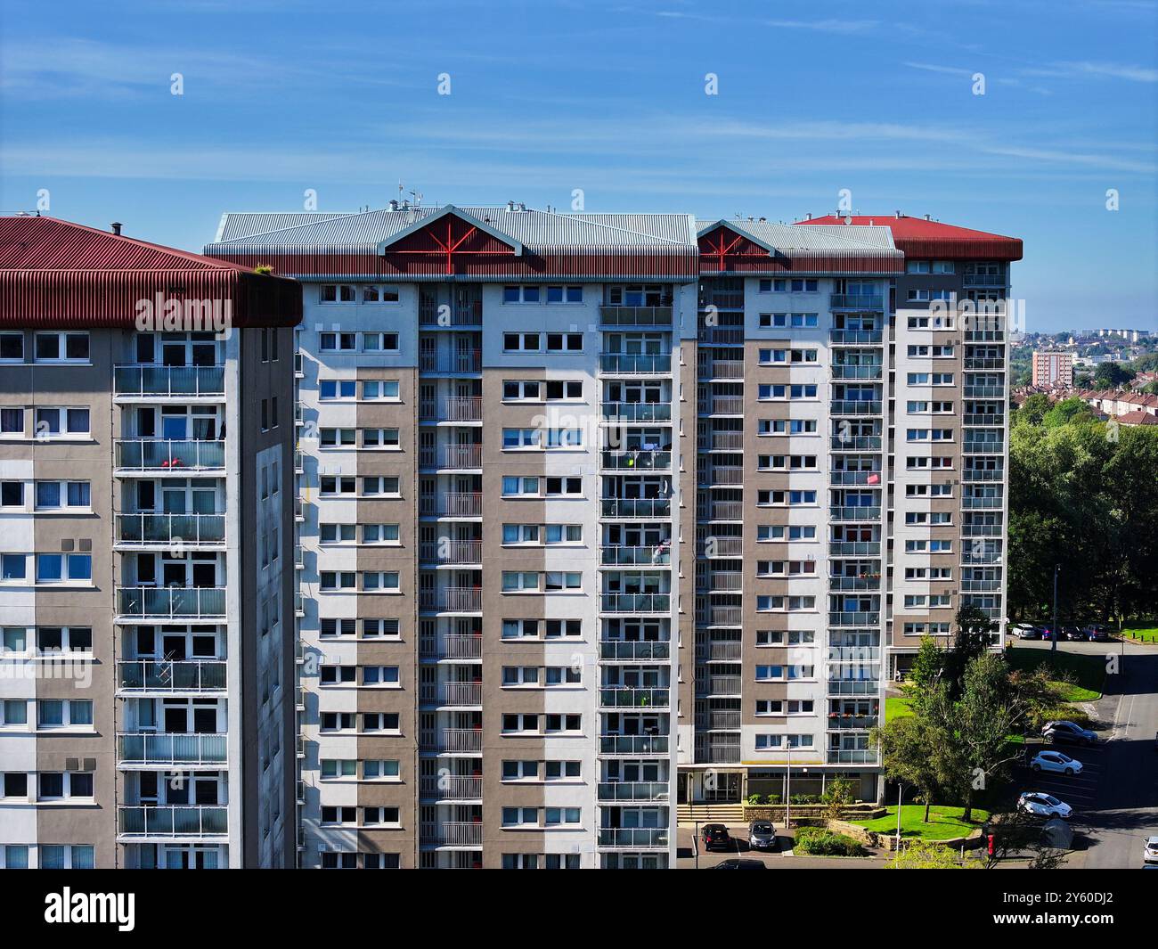 Aerial drone view of high rise social housing in Springburn Glasgow ...