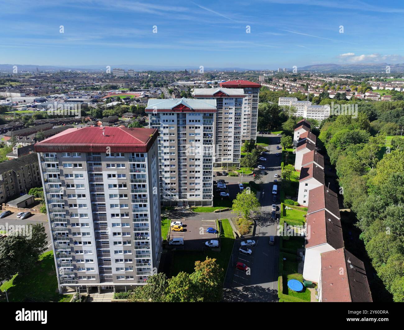 Aerial drone view of high rise social housing in Springburn Glasgow ...