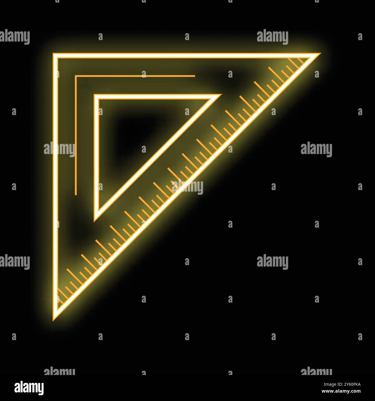 Glowing neon ruler is forming a right angle triangle on a black ...