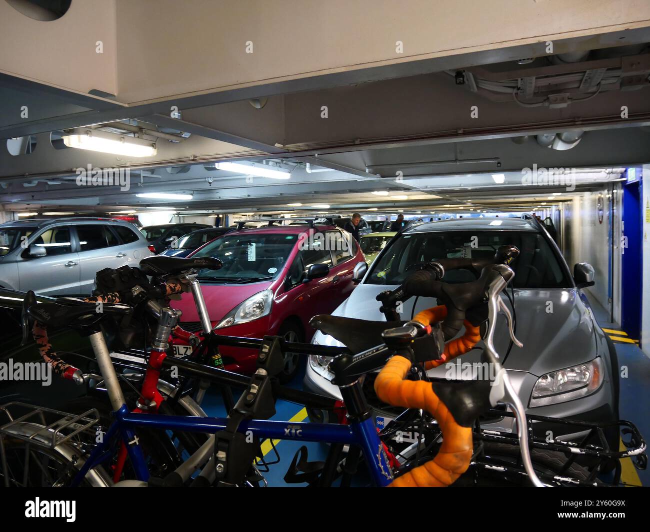 Car deck on a Brittany Ferries roll on roll of ferry travelling between ...