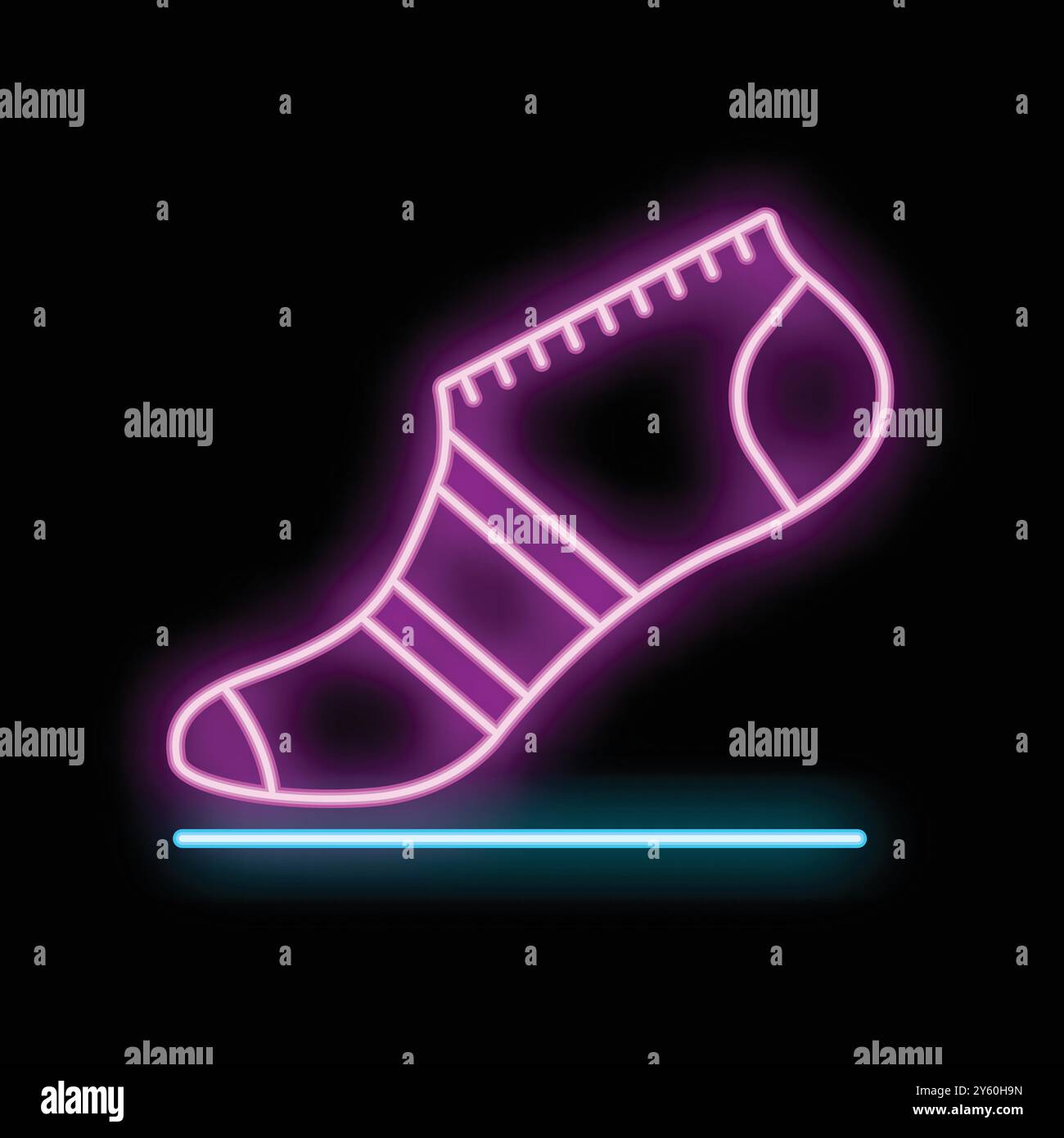 Bright neon sign depicting a single sock with stripes, glowing on a ...
