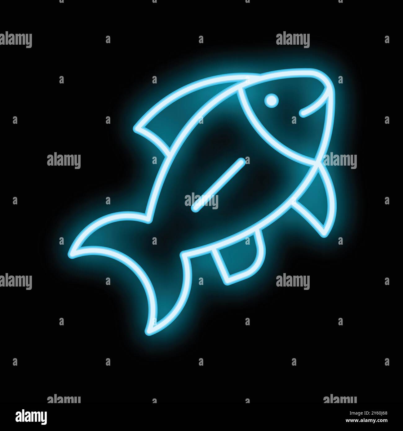 Bright blue neon sign showing a fish swimming on a black background ...