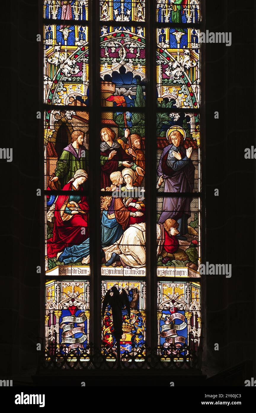 Interior view, late Gothic stained glass window, church window, parish ...