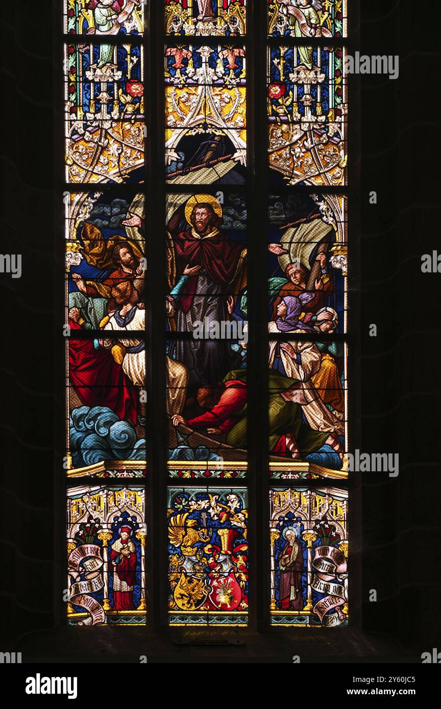 Interior view, late Gothic stained glass window, church window, parish ...