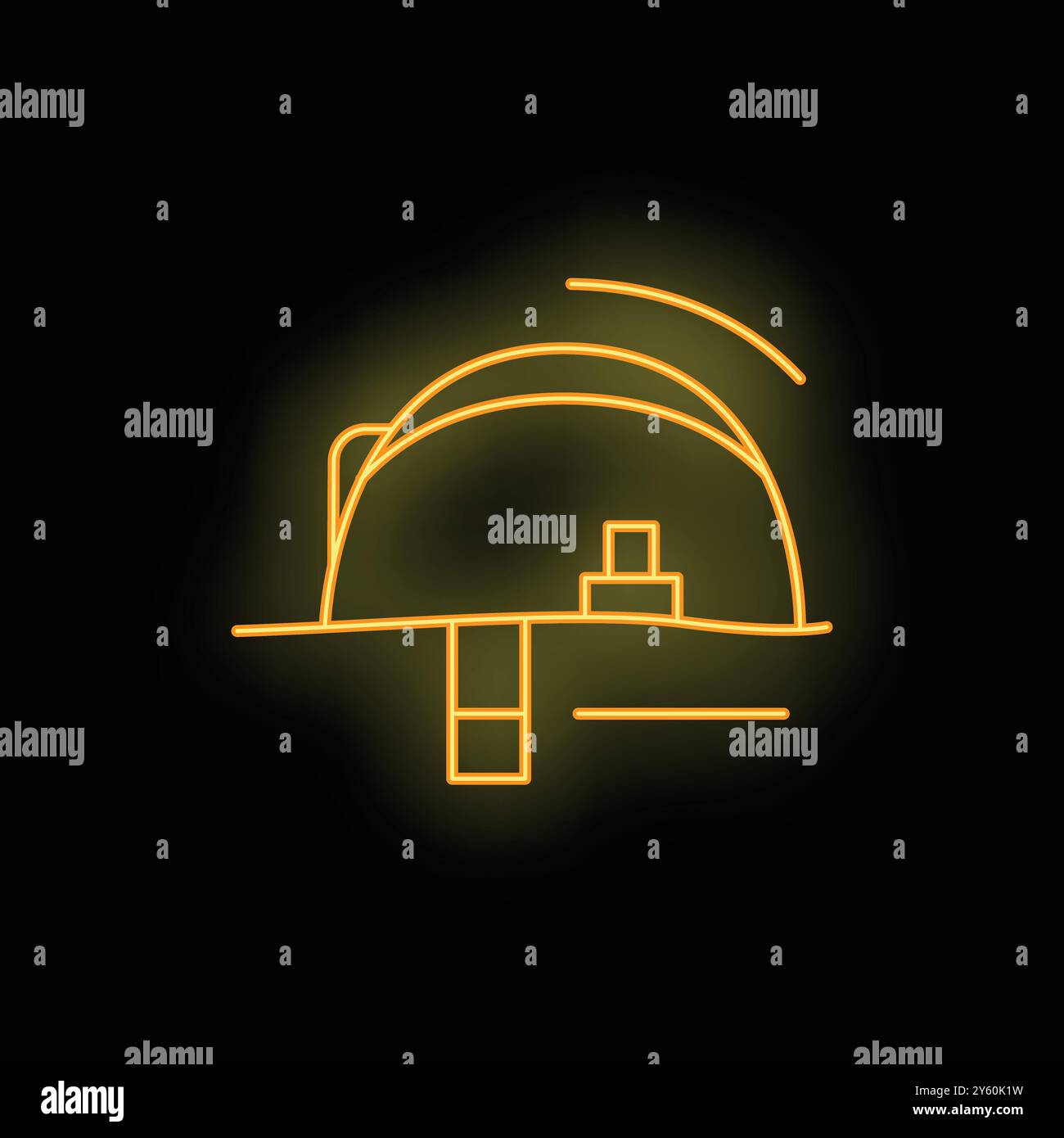 Bright neon icon of a hard hat is glowing on a dark background ...