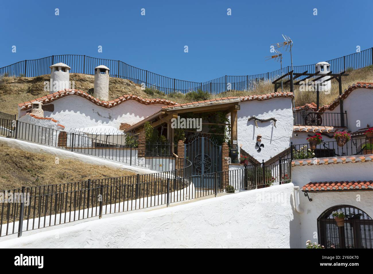 Traditional cave dwellings with white walls, lattice gates and plant ...