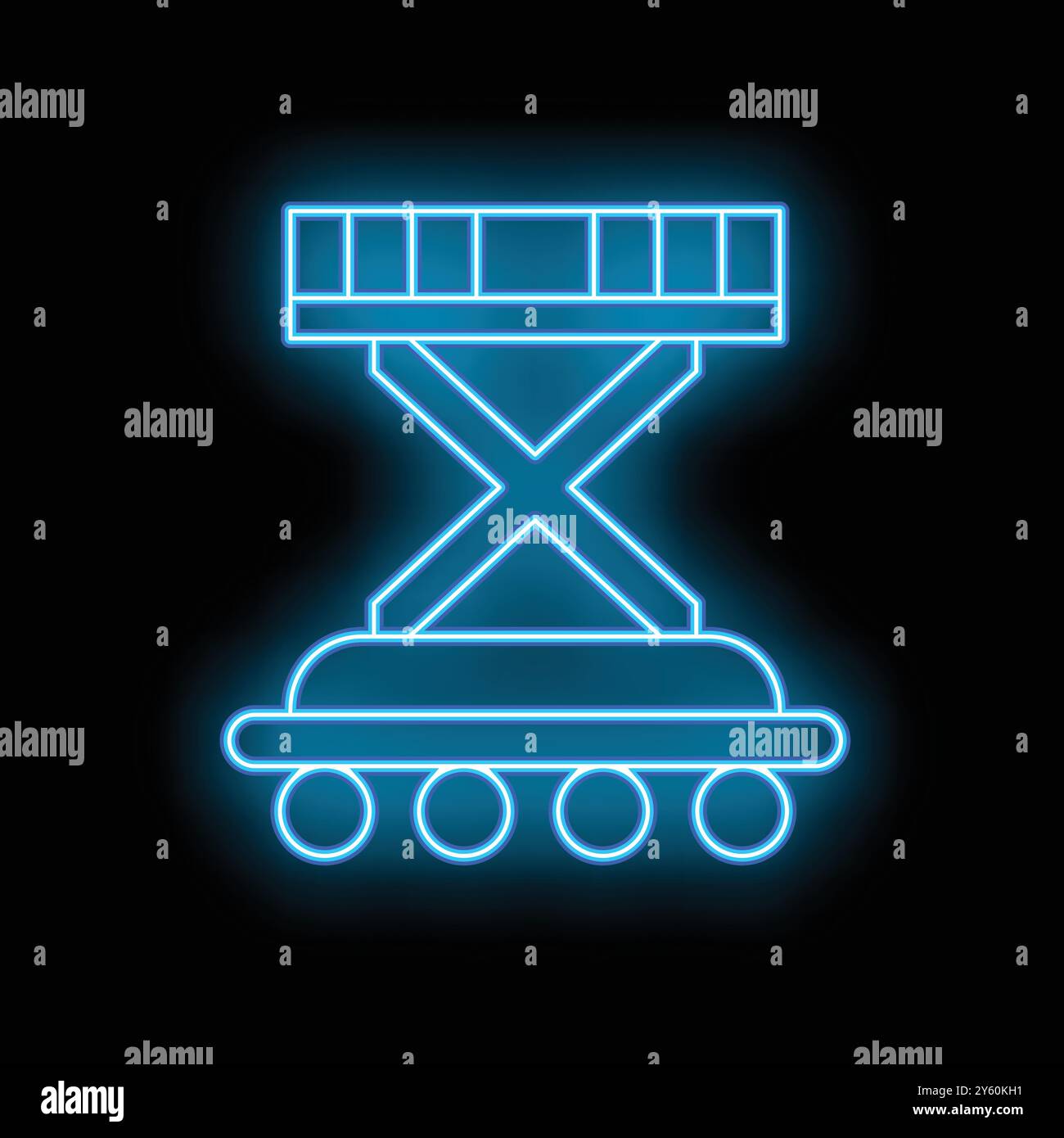 Glowing blue neon icon of mobile scaffolding platform with wheels on ...