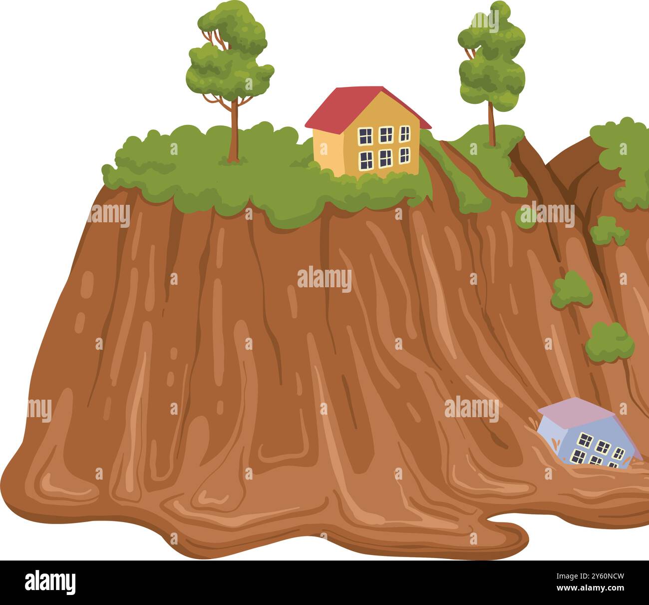 Cartoon mudflow, natural disaster. Landslide, mud stream with stones ...