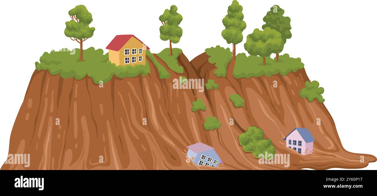 Cartoon mudflow, natural disaster. Landslide, mud stream with stones ...