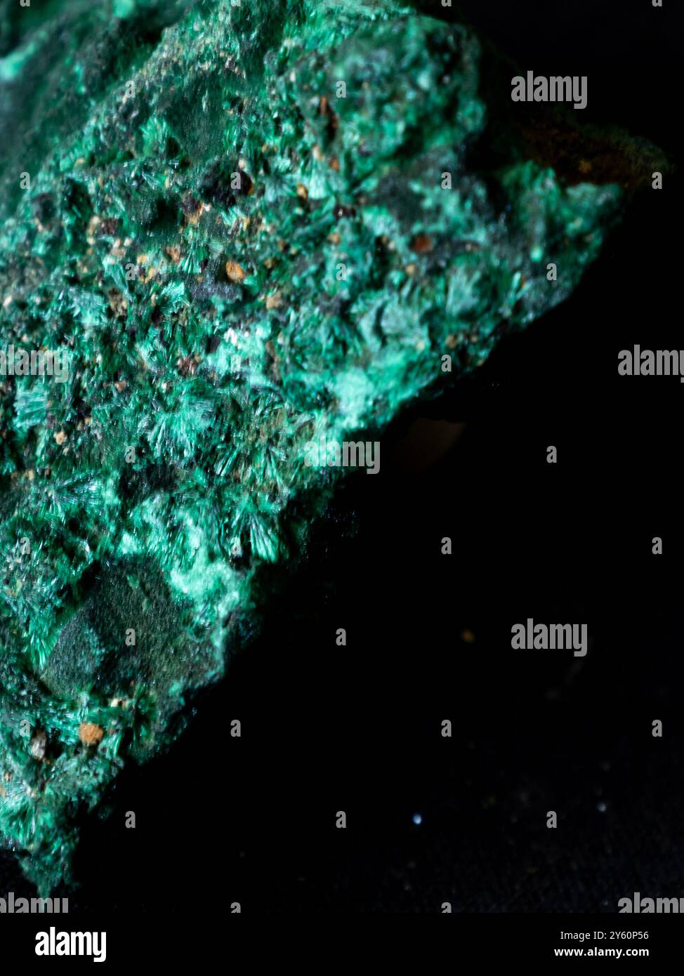 Close-up of the fibrous aggregate of Malachite, a type of copper ore ...