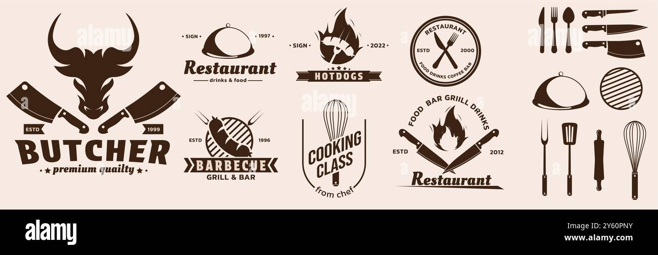 Grill logo. BBQ icon. Kitchen label. Butcher knife and fork. Restaurant ...