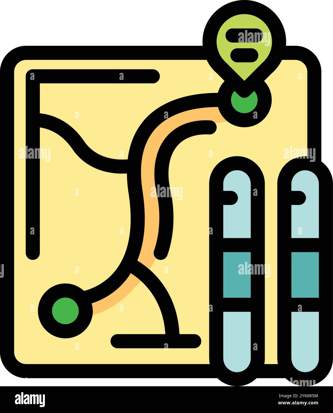 This colorful icon depicts a skiing map showing the route and location ...