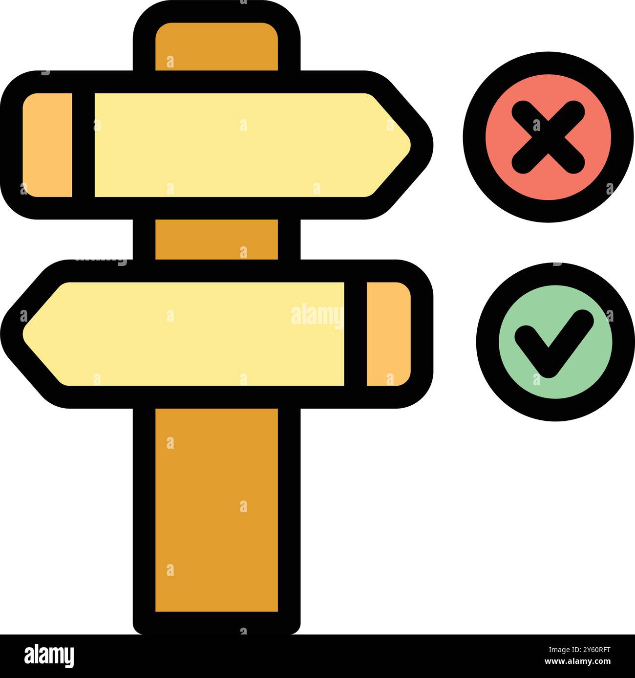 Blank wooden direction signpost is showing right and wrong direction ...